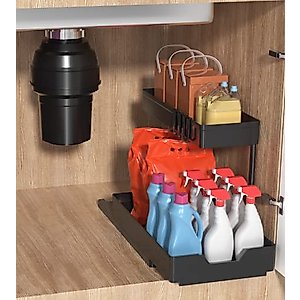 Minimalist Studio Under Sink Organizers and Storage, L-Shape Kitchen Organization, 2-Tier Sliding Cabinet Organizer, Under Bathroom Sink Cabinet Organizer Shelf with Drawers, with Hooks (BLACK, 1)