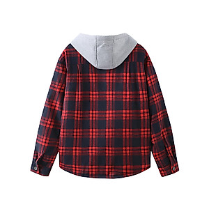 PEGENO Men's Long Sleeve Plaid Button Quilted Lined Flannel Shirt Jacket with Hood（Red Grid-US X-Large）