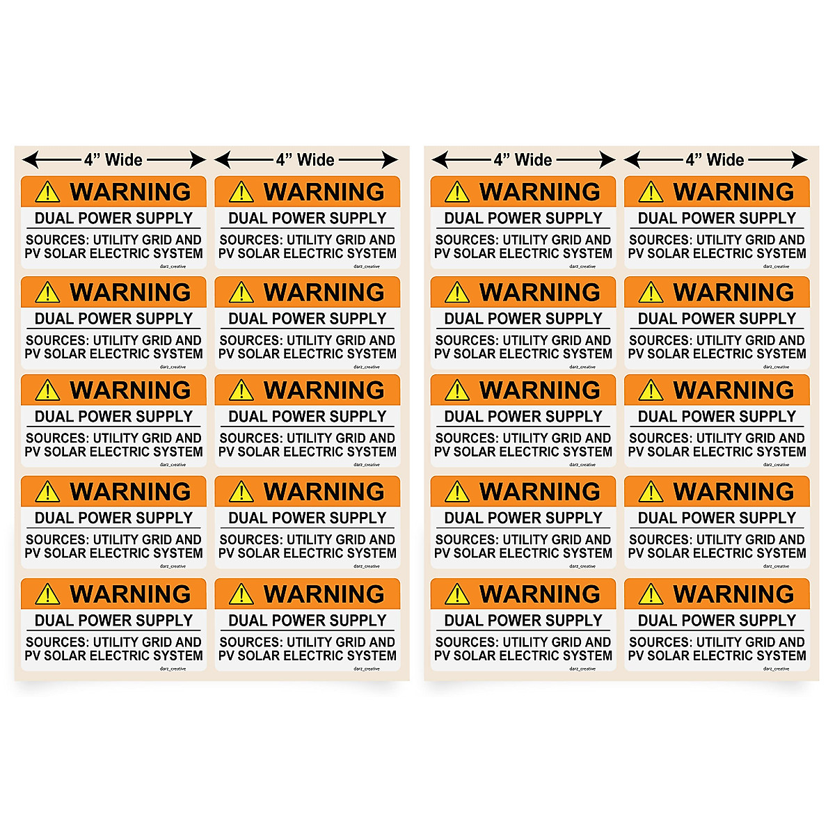 20 Premium Warning Dual Power Supply Solar PV Labels Weatherproof 2020 & 2017 Electrical Code