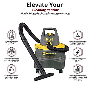 Koblenz Contractor Wet/Dry Vac, 6 Gallon Tip-Resistant Tank,5.0HP, Gray+Yellow (WD-6 C212)