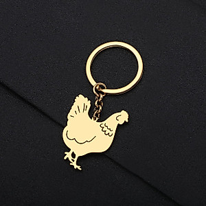 LONYOO Novelty Rooster Hen Chicken Keychain Stainless Steel Chicken Keyring Gifts for Girls Women Purse Car Key Charms (Gold Plated)