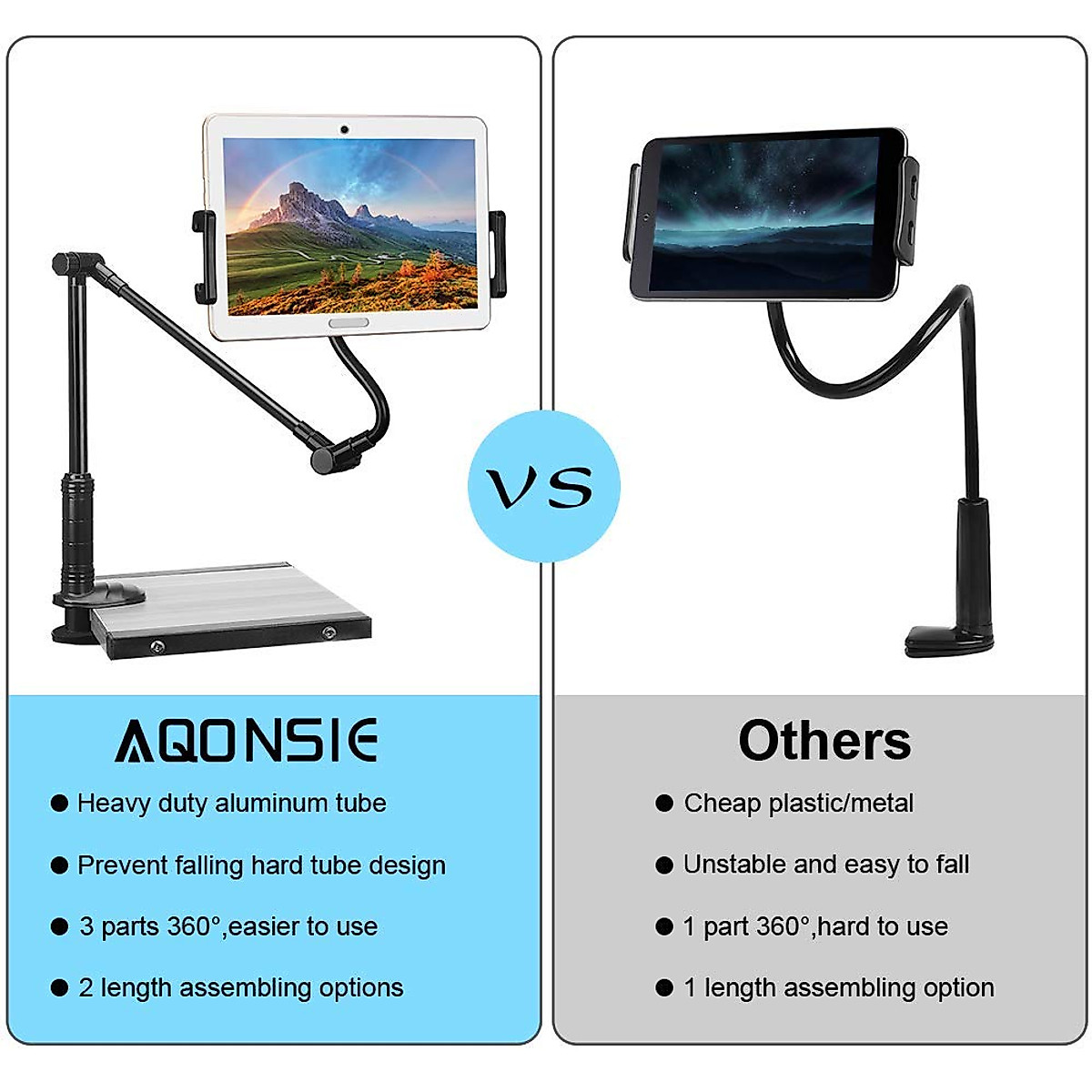 Aqonsie Phone Holder Bed Gooseneck Mount Clip with 360° Rotation Flexible & Hard Arm Bracket Compatible with iPad,Tablet,4-14" Phones, Foldable Tablet Stand for Desk Bed Kitchen Office
