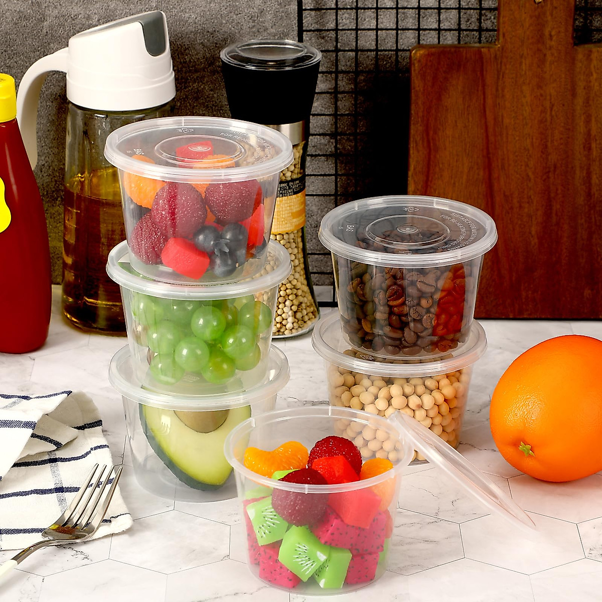 Augshy Deli Food Containers with Lids 12 oz, 40 Sets Food Storage Plastic Containers With Lids Reusable Plastic Containers Free for Soup, Salad, Dessert, Fruit, Meal Prep Leakproof and Microwave Safe