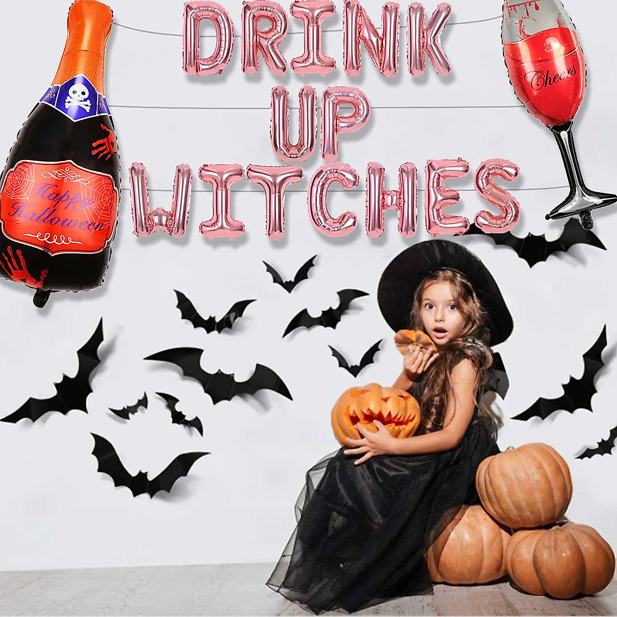 LaVenty Rose Gold Witches Balloons Cheers Witches Decoration Drink Up Witches Banner Cheers Witches Sign Witches Party Decoration Halloween Bachelorette Party Decoration
