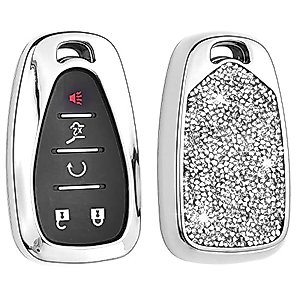 Royalfox 3 4 5 6 Buttons 3D Bling Diamond Rhinestones Girly Smart Remote Key Fob Case Cover for 2016 2017 2018 2019 2020 2021 2022 Chevy Chevrolet Malibu Camaro Cruze Traverse (Silver)