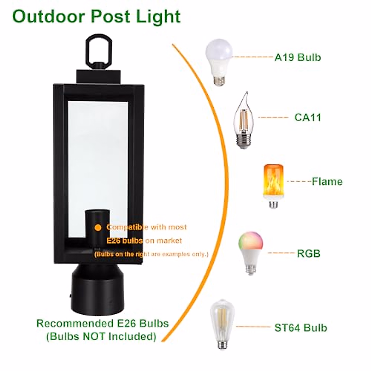 LIT-PaTH Outdoor Post Lighting Fixture with E26 Medium Base Max 60W, Metal Housing Plus Clear Glass, Matte Black Finish, Bulb Not Included, 1-Pack