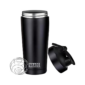WAASS Double Wall, Stainless Steel Vacuum Insulated Protein Shaker Bottle with Mixer Ball for Gym - Leakproof One-Click Lid - BPA-Free Metal Smoothie Cup for Hot & Cold Drinks (Black)