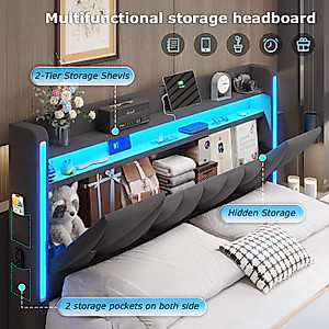 BYSAUD King Size Storage Bed Frame with Hidden Space and 2-Tier Shelves,King Bed Frame with Heaboard,King Size Bed Frame with LED Lights,Charging Station,No Box Spring Needed,Dark Gray,Linen Cloth