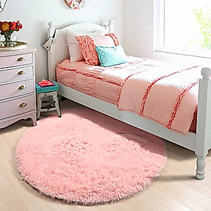 ONASAR Pink Round Area Rug 4ft, Soft Bedroom Circle Rugs Floor Mats for Kids Girls Teen Room, Cute Fluffy Plush Shaggy Carpet for Baby Nursery Living Room Playroom Home Decor Princess Castle