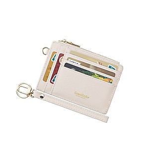 Wikavanli Women Slim Rfid Blocking Credit Card Case Holder Wristlet Zip ID Case Wallet Small Compact Leather Wallet Coin Purse with Keychain (Beige)