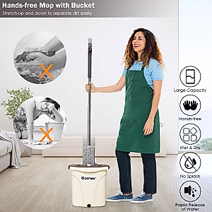 COSTWAY Flat Mop and Bucket Set with 2PCS Microfiber Pads, Hand-Free Wringing Squeeze Mop Separate Dirty Water from Clean Water for Wet and Dry Mopping on Hardwood, Laminate, Tile