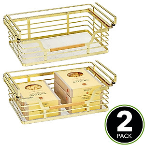 mDesign Metal Wire Wide Under Shelf Storage Baskets for Kitchen Pantry, Closet, Hanging Pull Out Shelving Bin, Sliding Hanger Rack for Bread, Canned Goods, Food, 2 Pack, Soft Brass/Natural