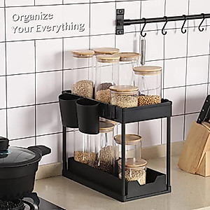 Sliding Cabinet Basket Organizer, 2 Tier Bathroom Under Sink Organizer and Storage, Kitchen Cabinet Organizers Baskets with 4 Hooks and 2 Hanging Cups