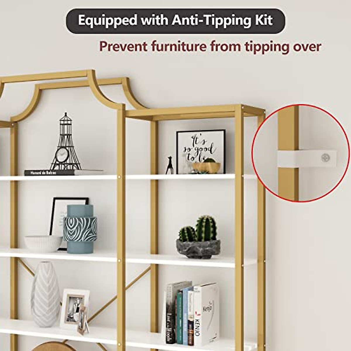 Auromie Triple Wide 5-Tier Bookshelf, 70.87" L x 79.13" H Extra Large Gold Bookcase, Tall Display Shelf with Metal Frame, Freestanding Etagere Storage Display Shelf for Home Office, White Gold