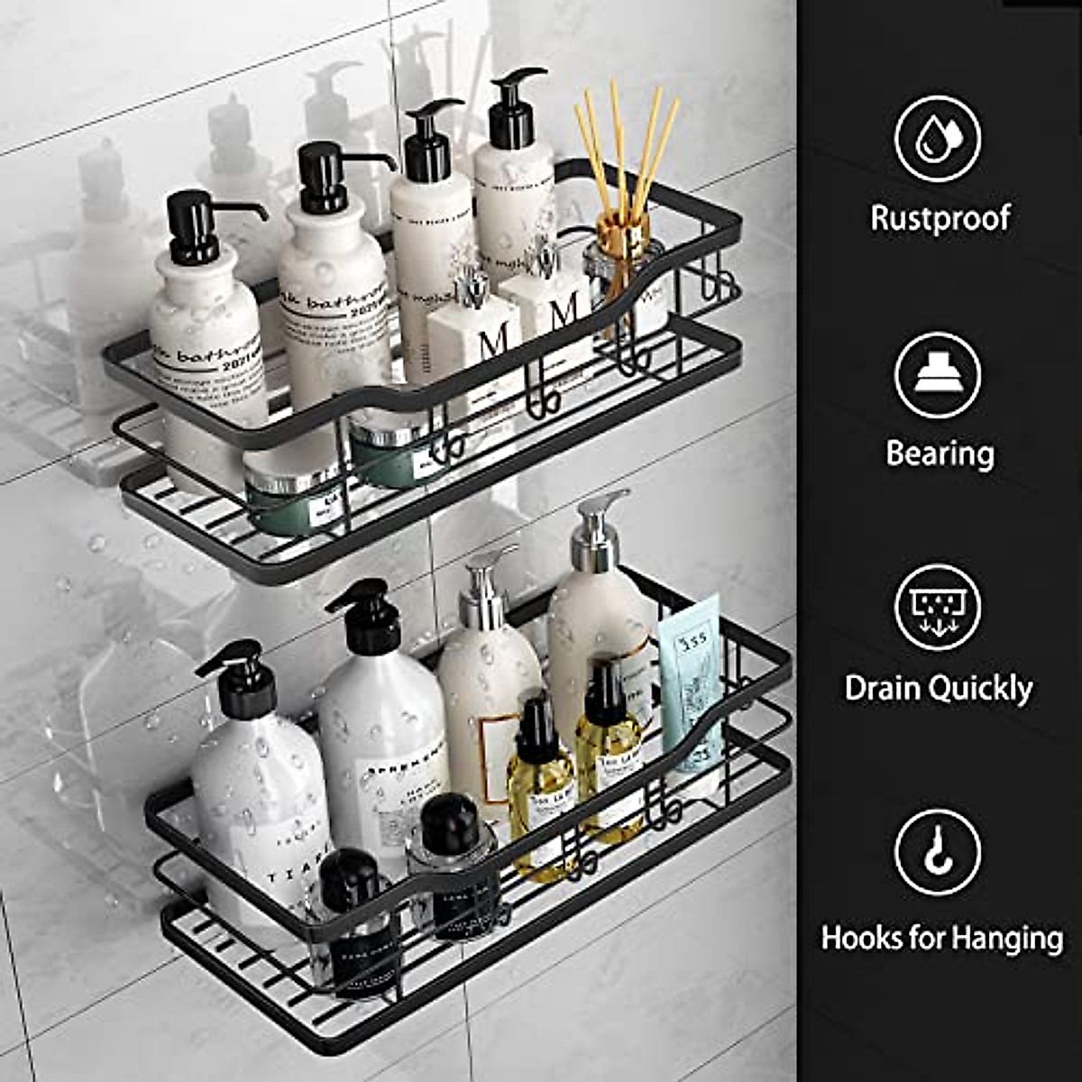 4 Pack Shower Caddy Basket Shelf with Soap Holder, No drilling Shower Organizer with 14 Hooks for Hanging Sponge, Towels or Razor, Rustproof Shower Shelves for Bathroom, Kitchen, Toilet, Power Room