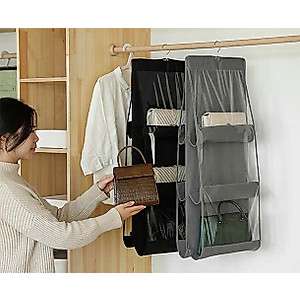 kamuavni 2 Pack Handbag Hanging Organizer,Thickened Non-Woven Fabric+PVC Pockets Hanging Purse Organizer Handbag Storage Hanger Organizer,Wardrobe Closet Space Saving Organizers (Black+Grey)