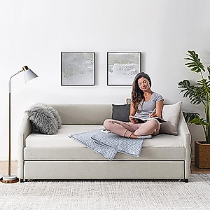 JEEOHEY Full Size Daybed with Trundle, Modern Upholstered Linen Sofa Bed for Apartment Living Room Guest Room, Solid Wood Trundle Day Bed Frame, No Box Spring Needed, Beige