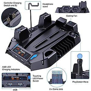 PS5 Stand with 2 Cooling Station & Dual Controller Charging Station for PS5 Console,Digital/Disc Edition, Benazcap PS5 Accessories Cooling Stand with Charge Stock, Headset Holder and 8 Game Slot,Black