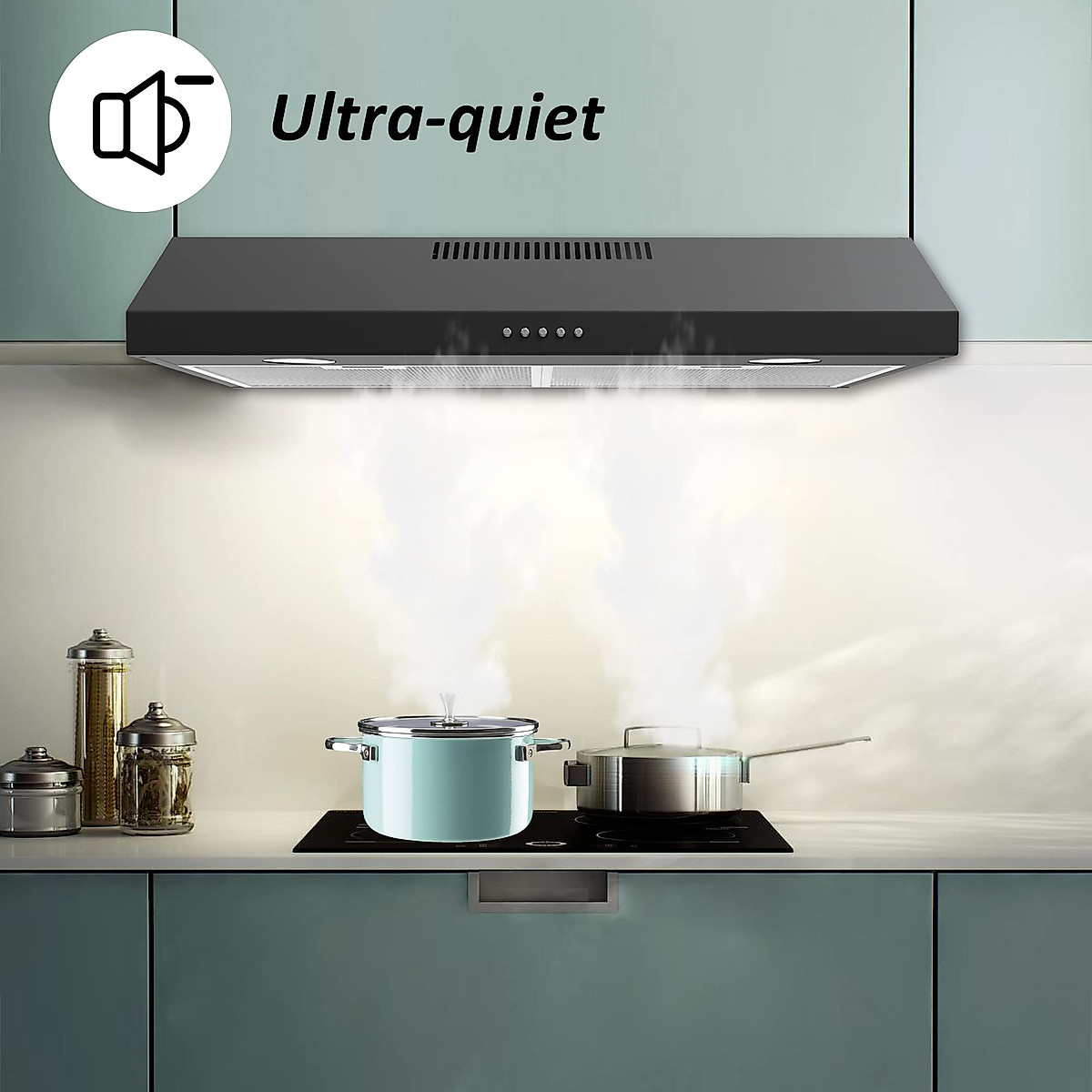 Black Range hood 30 inch, 300CFM Under Cabinet Range Hood with Ducted/Ductless Convertible Slim Kitchen Over Stove Vent, 3 Speed Exhaust Fan, LED Lights, Vent Hood with Charcoal Filter