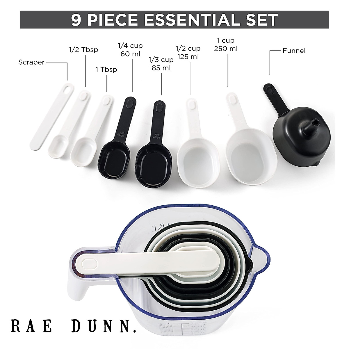 Rae Dunn Measuring Cup Set - 9 PC. Nesting Stackable Liquid Measure Cup, Dry Measuring Cups and Spoons with Funnel and Scraper - Nesting and Clicks Together for Easy Storage (Multi)