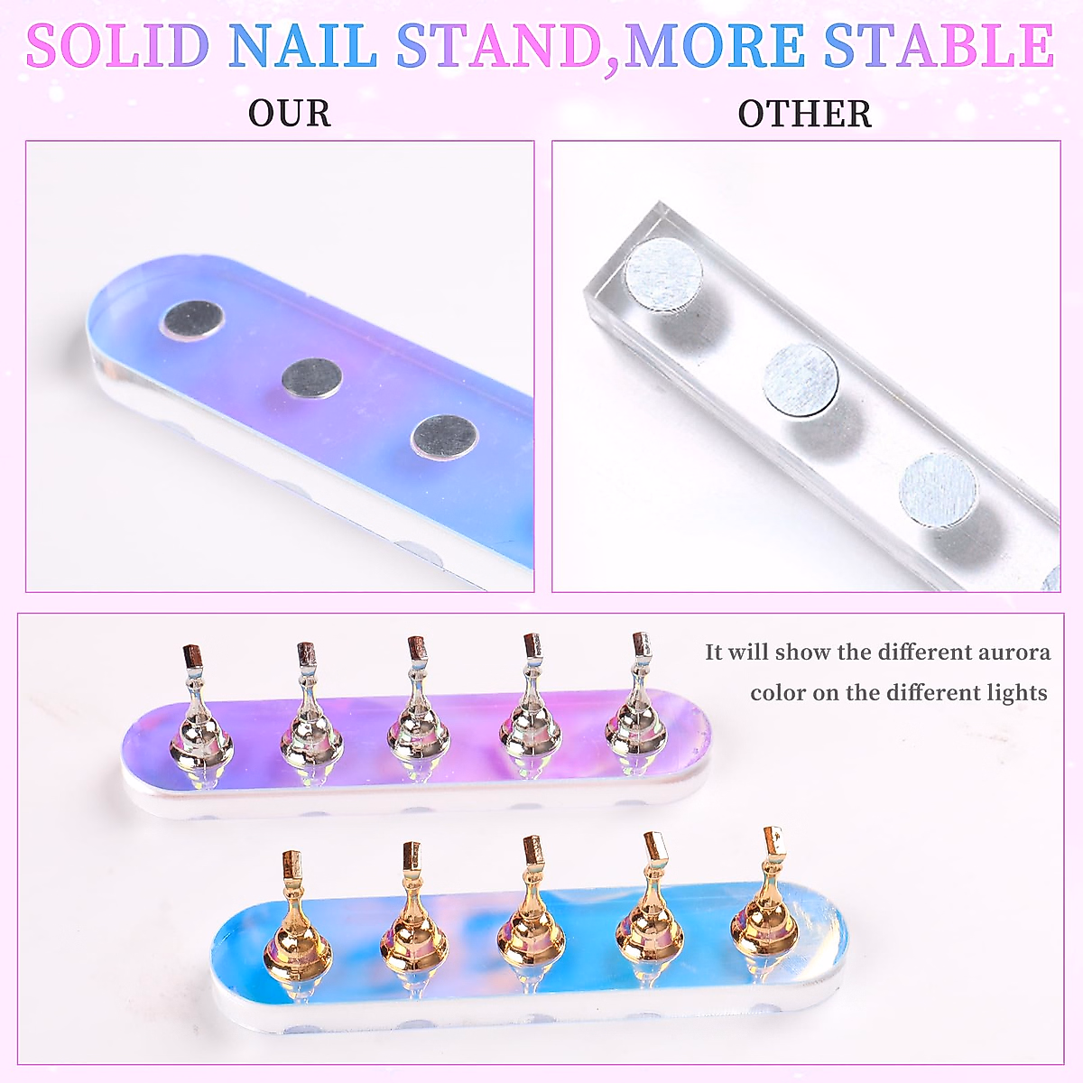 ANGNYA Nail Stand for Press on, 2 Set Aurora Nail Holder for Painting Nails Press on Nail Stands with 96 Pcs Reusable Sticky Putty for Nail Art Display Home & Salon Use