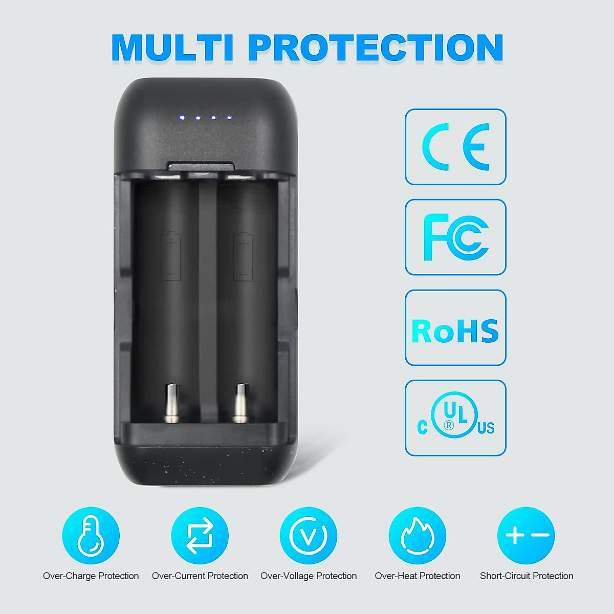 Portable 18650 Battery Charger, 3.7v Rechargeable Batteries Charger with USB C Input for 3.7V Rechargeable Lithium Li ion Batteries with Protective Cover, Independent Slot