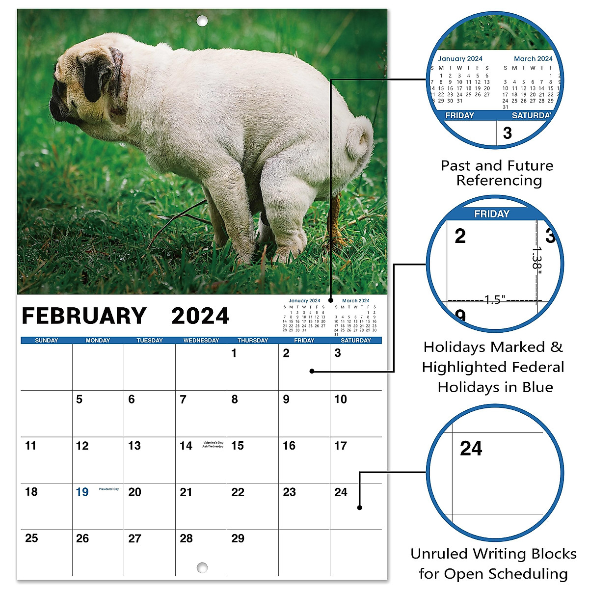 Gag Gifts - 2024 Wall Calendar, White Elephants Pooping Dogs, Calendar 2024 from Jan.2024 to Dec.2024, 12 Monthly Calendar Planner, Wall Calendar 2024, Funny Calendar for Family, Friends
