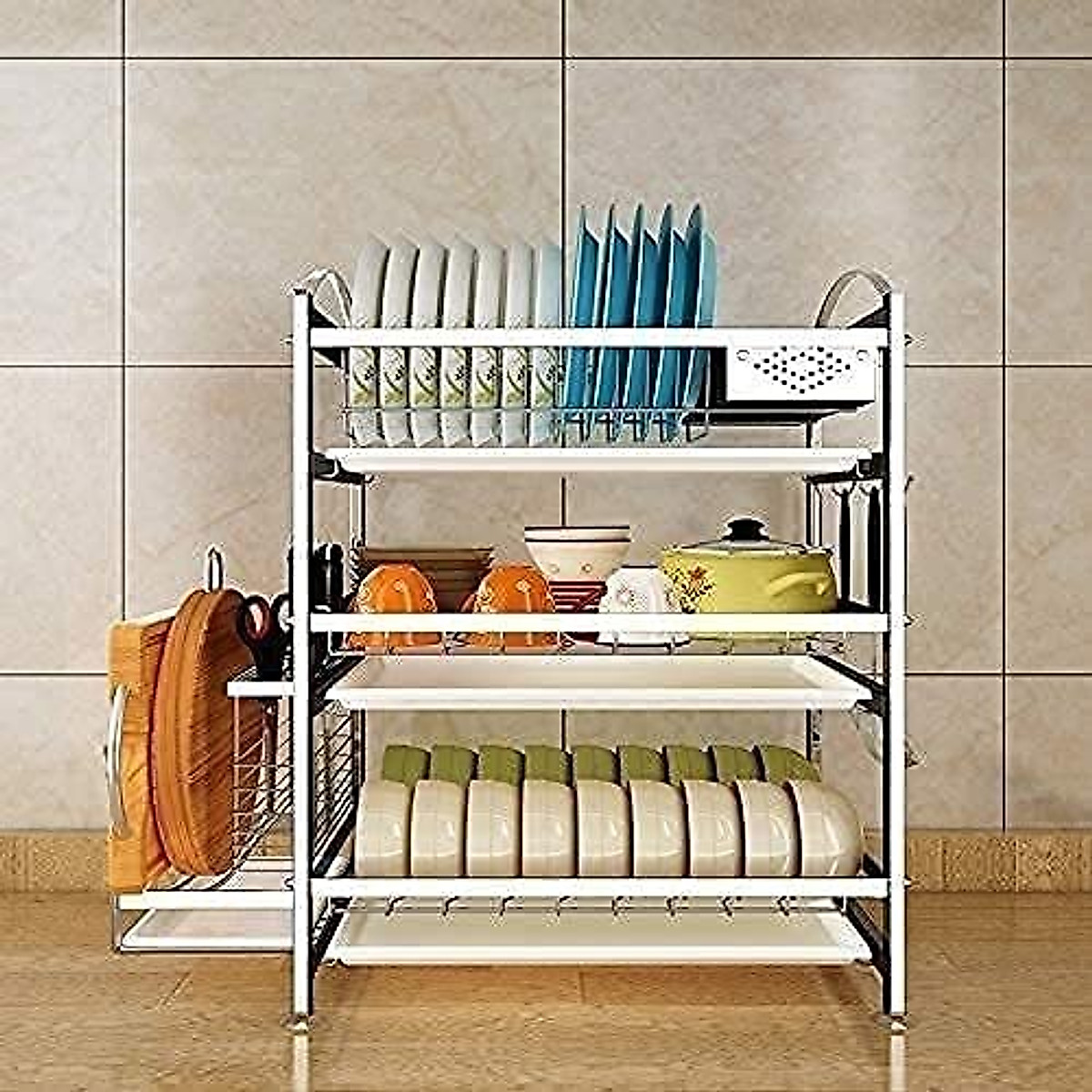 Plate Rack Dish Drainer Rack Stainless Steel with Knife Utensil Basket Removable Tray Large Space to Hold Dishes Bowls and Spoons Pan Plate Holder (Color : Silver, Size : 40.5x29x62cm)