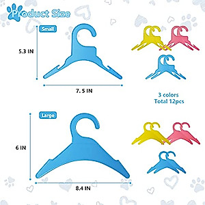 GKPONSX 12Pack Dog Clothes Hangers, 2 Size Plastic Pet Apparel Hanger Small Baby Hangers for Nursery Small Dog Puppy Cats Kitten Clothing Closet (Pink, Blue, Yellow)