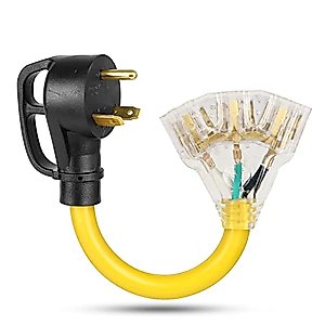 1.5FT NEMA TT-30P Male to 3X 5-15R/5-20R T-Blade Female with LED Power Indicator, HDWS 30 Amp to 110V RV Generator Power Cord Adapter, 3 Prong 30 Amp to 15-20 Amp, 10 AWG, for RV Generators