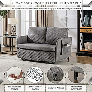Pull Out Futon Sofa Bed, Convertible Small Loveseat Sleeper with Storage Drawer, 3 in 1 Futon Couch with Removable Pocket and 2 Pillows, Modern Love Seat for Living Room, Guest Room, Deep Grey