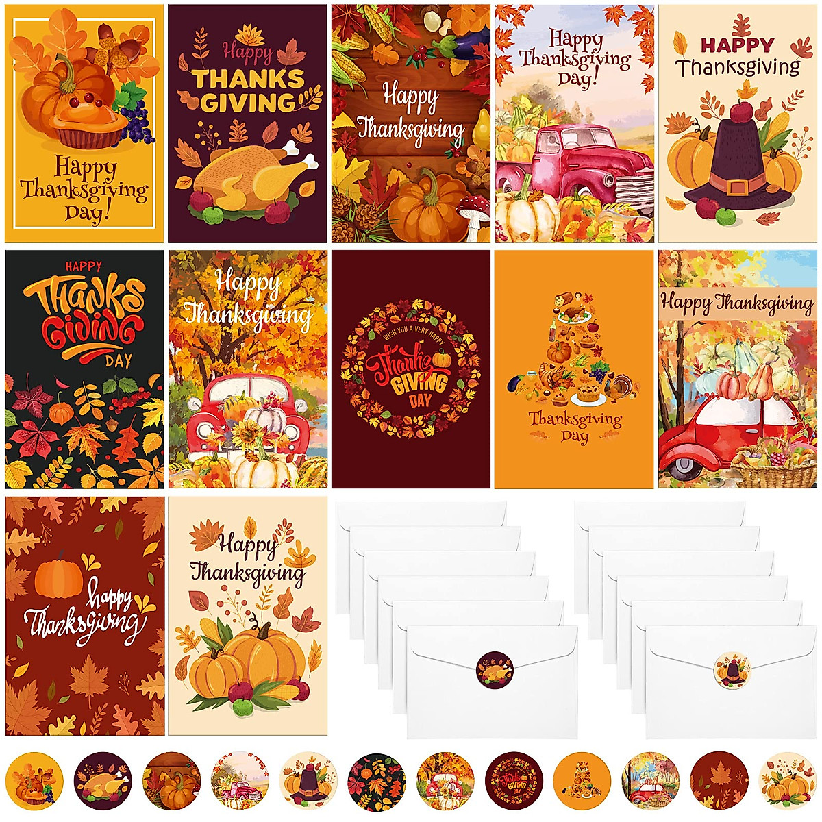 12 Sets Thanksgiving Cards with Envelopes Vintage Truck Pumpkins Turkey Cards 4x6 Inches for Thanksgiving Day Thank You Postcards for Family Teacher Fall Party Harvest Celebration Supplies, 12 Designs