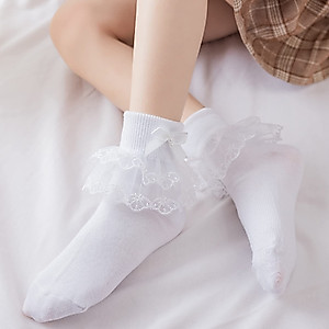 6 Pairs Toddler Baby Girls Ruffle Lace Trims Socks Princess Dress Bowknot Cotton White Ankle Soft Frily Socks Kids Child 4-6T