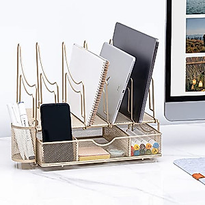 ARCOBIS Gold Desk File Organizer for Women, Desk Organizers and Accessories with Pen Holder & Sliding Drawer & Vertical File Folder Sorters, Cute Desktop File Holder for Office Supplies