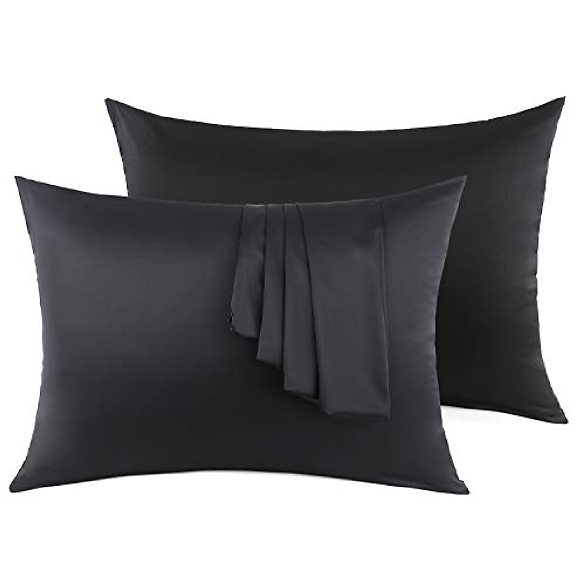 Natural Silk Pillowcase Set of 2 for Hair &Skin - Both Sides 19 Momme 600 Thread Count with Hidden Zipper (Black, Standard)