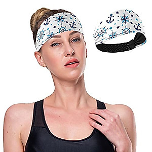 Unisex Workout Headbands Blue-sea-Navy-Anchor Elastic Yoga Sweatband Stretchy Sports Hairband