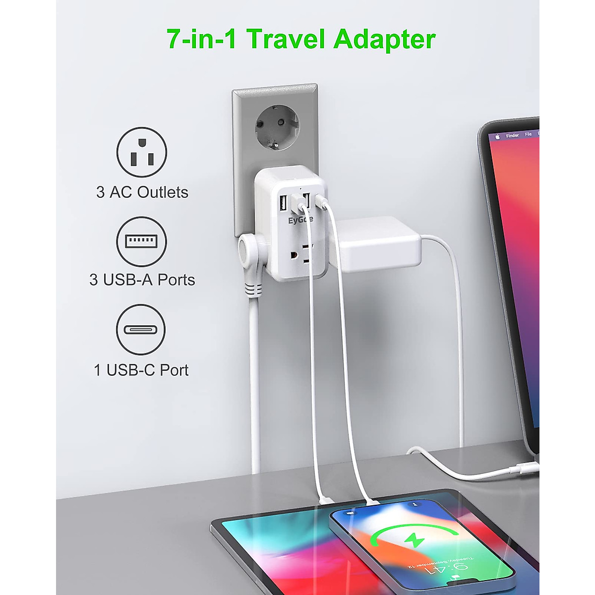 European Travel Plug Adapter, EyGde International Travel Power Adater 3 American Outlets with 1 USB Type C and 3 USB Charger, US to EU Plug Adapter for France, Germany, Greece, Italy, Israel, Spain