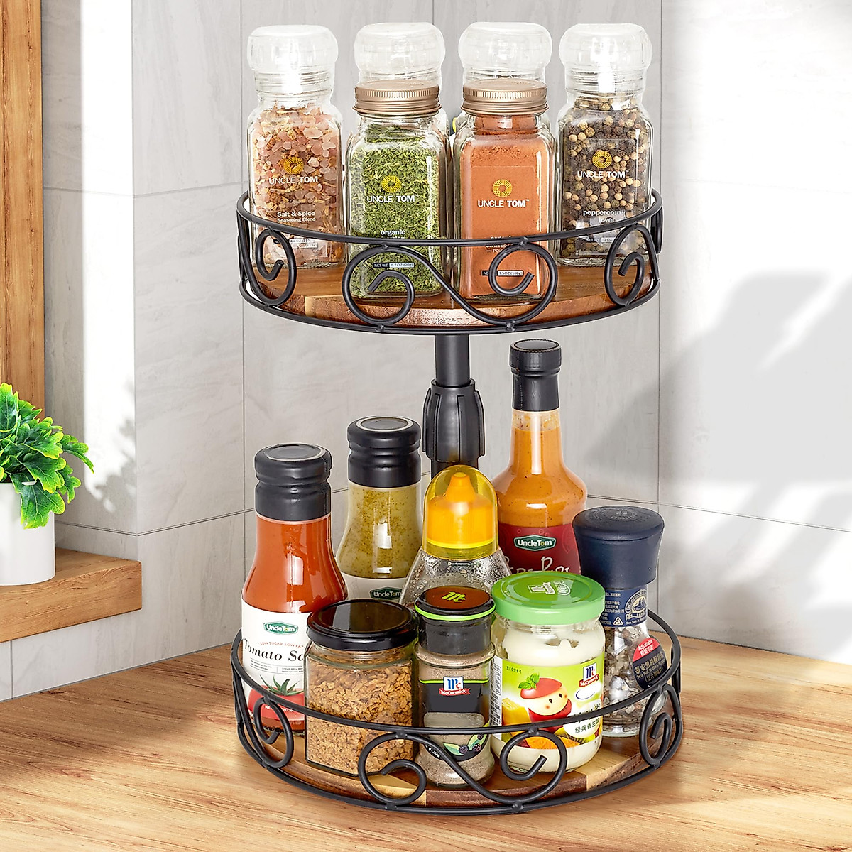 Y&M 2 Tier Lazy Susan, 9” & 10” Acacia Wood Lazy Susan Turntable Organizer, Height Adjustable Spice Rack with Steel Sides, Spice Jars Organization for Cabinet, Pantry, Kitchen, Bathroom, Countertop
