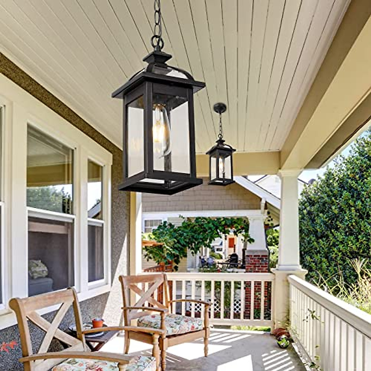 Darkaway Outdoor Pendant Light Fixture Lantern, Hanging Porch Light with Glass Aluminum Outdoor Pendant Lights for Porch, Patio, Entryway (1 Pack, Black)
