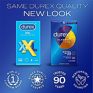 Durex Condom XXL Longer & Wider Natural Latex Condoms, Extra Wide Fit, 12 Count - Ultra Fine & Lubricated (Packaging May Vary)