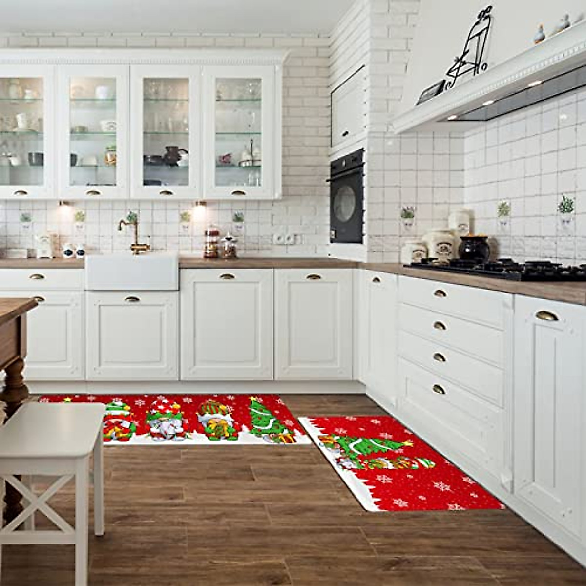 Libaoge Kitchen Mat Rug Set of 2 Christmas Gnome Xmas Tree Snowflake Red Runner Rug Anti-Fatigue Comfort Memory Foam Standing Mat Non-Slip Floor Door Mat for Bathroom Bedroom 20x32in+20x63in