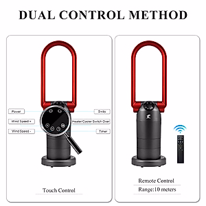 OceanLoong Space Heater & Bladeless Tower Fan All Season for Home, 1500W Eco Electric Heater with Adjustable Thermostat, Tip-Over Switch, Remote Control, Timer, Oscillating, Tilt Head, 29” Red, AB01