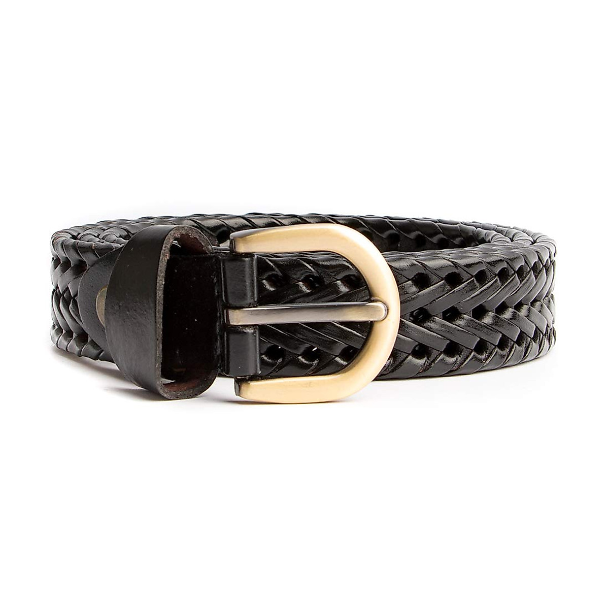 ECHAIN Women Braided Woven Genuine Leather Narrow Belt 25mm Wide (Black, waist:29-34)
