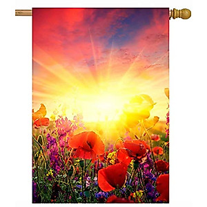 ShineSnow Floral Flowers Red Poppies Field Sunlight Sunrise Autumn Summer Spring House Flag 28" x 40" Double Sided Polyester Welcome Yard Garden Flag Banners for Patio Lawn Home Outdoor Decor