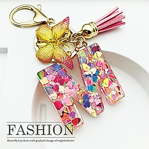 JINGUAZI Initial letter Keychains for Women Tassel Butterfly Pink Cute Car Keychain for Wallet Purses Backpack (Pink M)