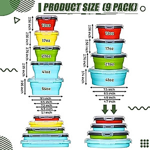 Dandat 9 Silicone Collapsible Food Storage Containers Foldable Silicone Lunch Containers Rectangle Round Airtight Collapsible Bowls with Lids Set for Kitchen Microwave Freezer Dishwasher Safe, 5 Color