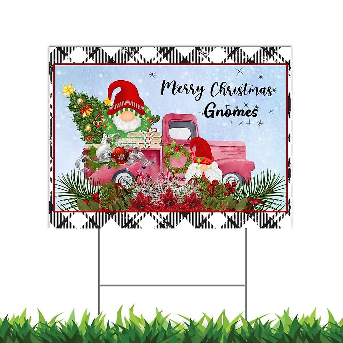 Lawn Yard Signs Merry Christmas Gnomes Red Truck Corrugated Plastic Lawn Sign Quotes Xmas Winter Holiday for Garage Sales Rent Open House Construction 12"x18"