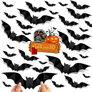 128Pcs Halloween Bats Wall Decor, Black Plastic Bats Halloween Decoration, 3D Decorative Paper Bats in 4 Sizes, Waterproof & Reusable PVC Bats Wall Decals for Halloween Outdoor Supplies