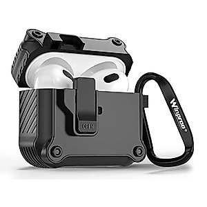 Winproo Armor Airpods 3rd Generation Case Cover with Lock Clip, Military Hard Shell Full-Body Shockproof Protective Case Skin with Keychain for Airpods 3rd Gen [Black]