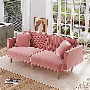 OUYESSIR Futon Sofa Bed, Convertible Sleeper Sofa with Wood Legs, 74.5“ Splitback Sofa with 2 Pillows, Velvet Futon Couch for Living Room (Rose Pink)